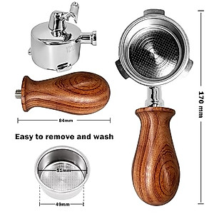 NEOUZA 51mm Espresso Portafilter Compatible with DeLonghi Dedica EC685 Coffee Machine,Mini Wood Handle,Non-pressurized Basket,Double Spouts (H1 Handle)