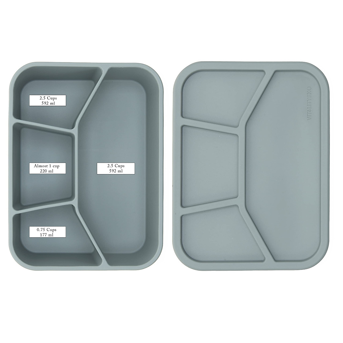 VitalityEXO Eco Friendly 4 Compartment Silicone Lunch Box for Adults and Kids Microwave Dishwasher and Freezer Safe with Separate Compartments Leakproof BPA-Free PVC-Free Bento Box (GREY)