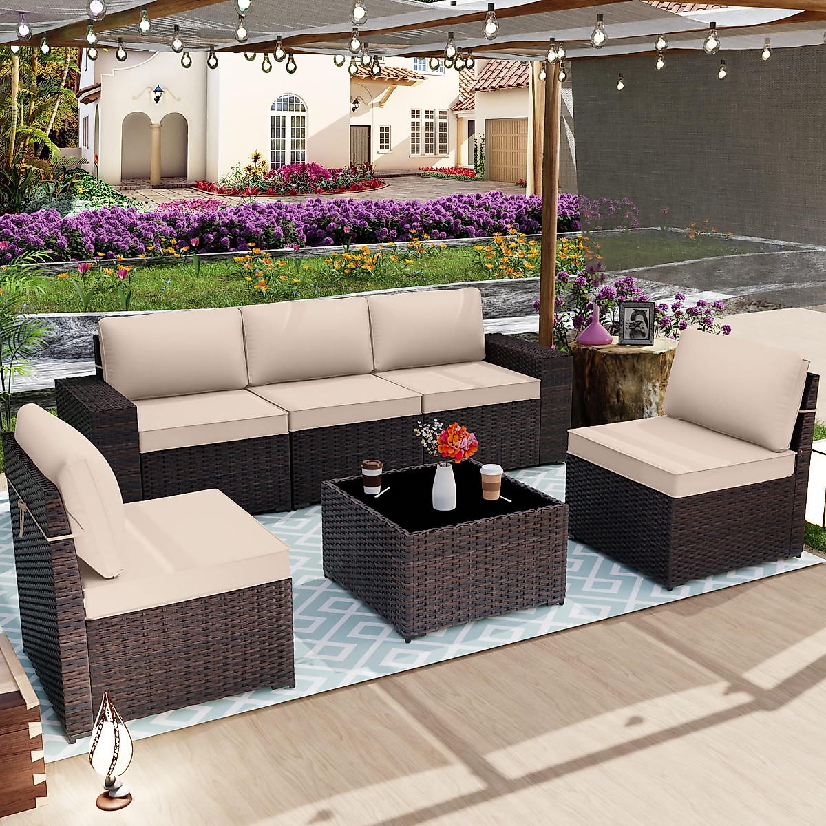 ALAULM Patio Furniture Sets 6 Pieces Patio Sectional Outdoor Furniture Patio Sofa Chairs Set All Weather PE Rattan Wicker Couch Conversation Set with 5 Khaki Thickened Cushions & Coffee Table