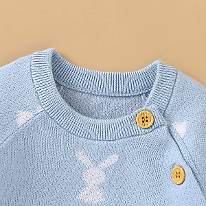 DuAnyozu Baby Girl Boy Easter Outfit Bunny Onesie Knitted Sweater Romper Long Sleeve Jumpsuit Cute Rabbit Clothes (A Bunny Onesie-Blue,3-6 Months)