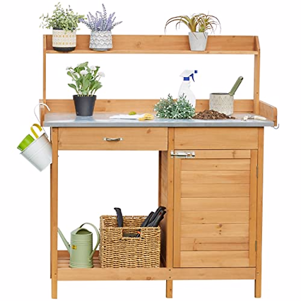 Yaheetech Outdoor Potting Bench Table, Garden Workstation w/Metal Tabletop/Cabinet Drawer/Open Top/Lower Shelf/Handy Hooks for Horticulture, Natural Wood