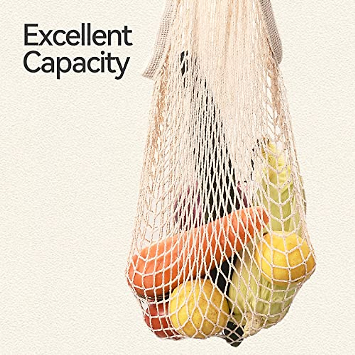 Eslazoer [2 pack completely Cotton string storage shopping bags, Ecology Reusable and washable mesh grocery bag, Portable long handle net tote beige