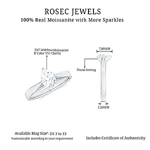 Rosec Jewels Certified Diamond Moissanite Solitaire Engagement Ring, D-Vs1 Quality, 5X7mm Pear Shaped Moissanite Ring, 14K White Gold, Size:US 7.50