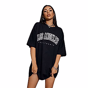 SOLY HUX Women's Letter Print Half Sleeve Tee Casual Summer Oversized T Shirt Top Black L