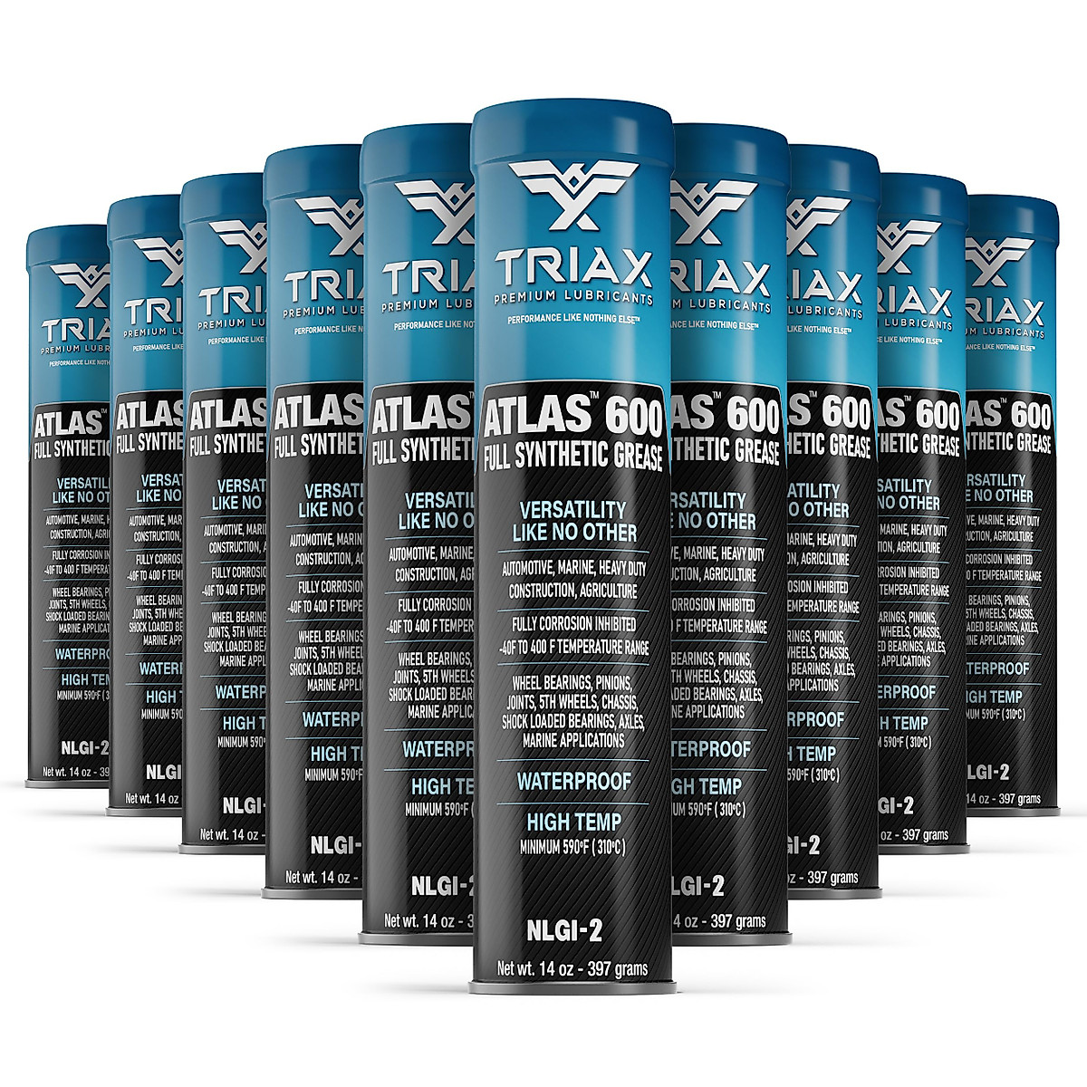TRIAX Atlas 600 Grease - Full Synthetic, Ultra-Heavy Duty, Low Temp, Marine, Waterproof; All Bearings, Joints, Drive Train & 5th Wheel (10 Pack - 14 Oz Tubes)