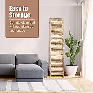 Vicluke 4 Panels Room Divider with 3 Removable Storage Shelves, 5.6 FT Folding Privacy Screen, Wood Portable Wall Divider for Home, Office, Restaurant(Natural)
