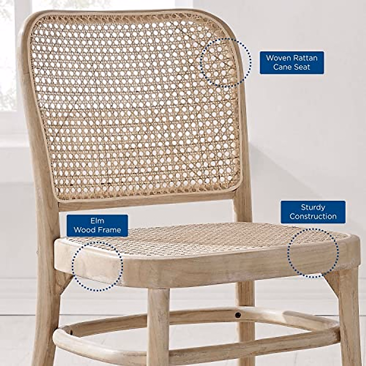 Modway Winona Elm Wood Dining Side Chair with Cane Rattan Seat in Gray