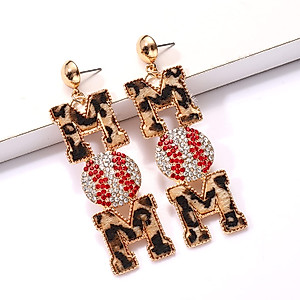 Boderier Leopard MOM Earrings Rhinestone Basketball Football MOM Dangle Earrings Sports Game Team Jewelry Gifts for Mother (Baseball Mom)