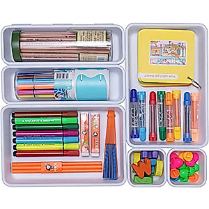 Desk Drawer Organizer Tray Set, 6 Pieces Plastic Interlocking Organizer Bins for Divider and Storage Office Storage Bins Container for Kitchen Bathroom Makeup Office Vanity Bedroom Dresser White