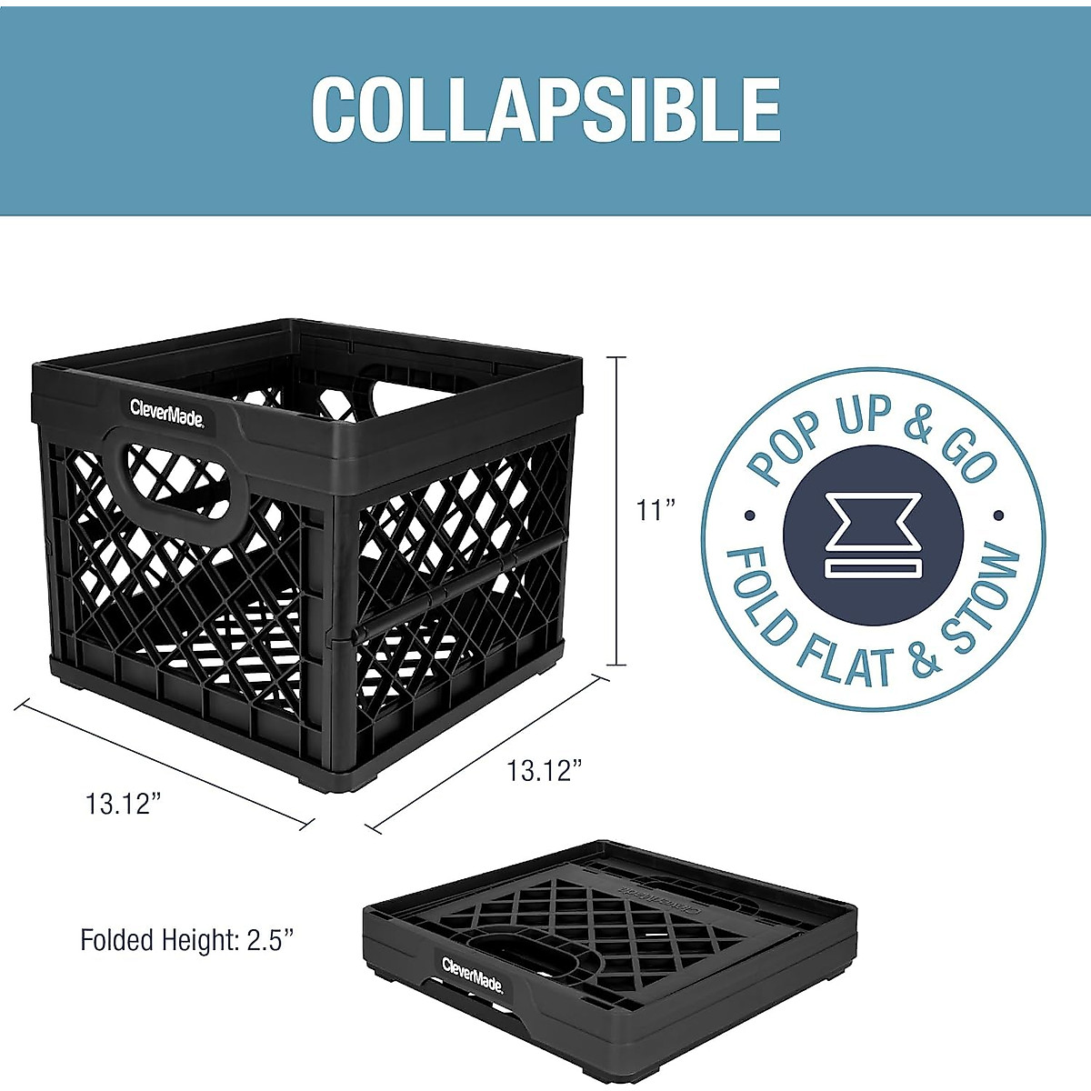 CleverMade Collapsible Milk Crates and Storage Bins - 25L Plastic Stackable Milk Crates, 3 Pack with 45L Plastic Stackable Grated Wall Utility Containers, 3 Pack - Black