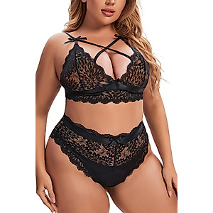 Aranmei Plus Size Lingerie Set for Women High Waisted Bra and Panty Set Sexy Criss-cross Lace Bralette Sets 2 Piece Underwear Black XX-Large
