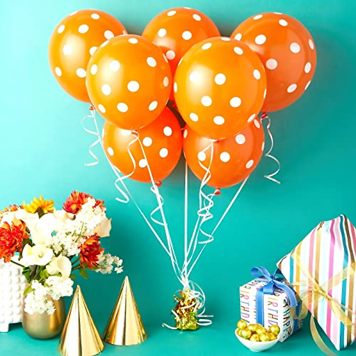 50-Pack 12-Inch Orange Latex Polka Dot Balloons for Birthday Party Decorations Supplies with 1 Gold 2.5x2.5x5-Inch Balloon Weight and 1 Roll of 10mm Wide White String