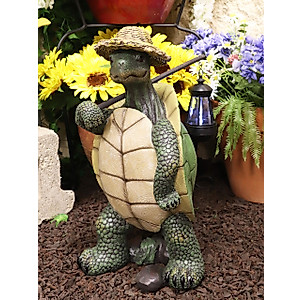 Ebros Gift Nautical Nature Lover Adventure Hiking Tortoise with Straw Hat Statue Carrying Solar Powered Lantern LED Light On A Pole Turtle Garden Yard Pool Patio Deck Home Decorative Accent