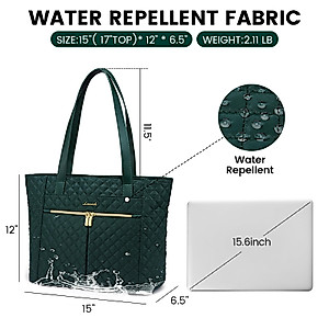 LOVEVOOK Women's 15.6 inch Diamond Quilted Work Tote Bags, Stylish Travel Tote Bag Laptop Purse Briefcase Handbag with Clutch Purse, Dark Green