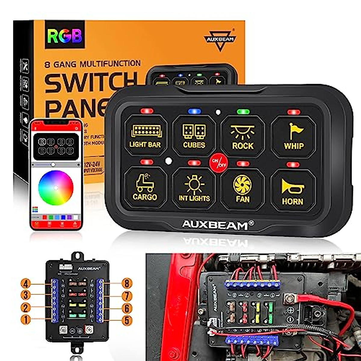 Auxbeam RGB Bluetooth 8 Gang Switch Panel AR-820 Toggle Momentary Pulsed Switch Pod for Truck UTV Offroad Boat with 47 inch Extension Wiring Harness