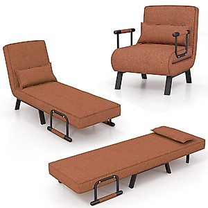 POWERSTONE Convertible Sleeper Chair Bed, 4 in 1 Living Room Reading Chair with Pillow, Arm and Adjustable 5 Position Backrest Single Sofa Bed, Coffee