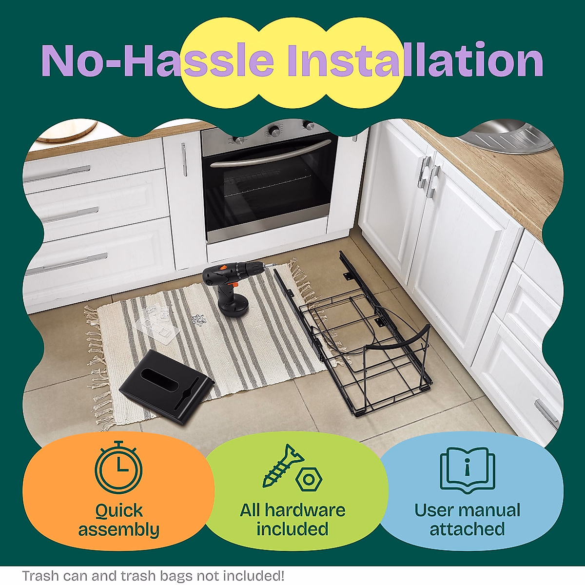 Spaces Tools Pull Out Trash Can Under Cabinet Shelf - Under Sink Trash Can Pull Out Slider for 30–40 Quart Cans Up to 125 lb - Cabinet Trash Can Pull Out Kit w/Garbage Bag Holder - (Can Not Included)