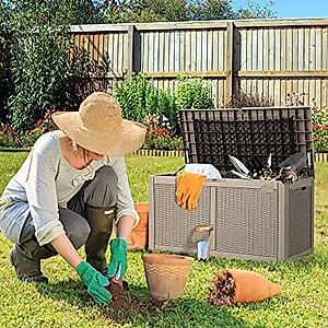 YITAHOME 100 Gallon Large Deck Box w/Storage Net, Resin Outdoor Storage Boxes, Waterproof Patio Cushion Storage Bench for Patio Furniture, Pool Supplies, Garden Tools- Rattan,Lockable (Light Brown)