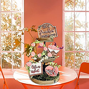 5 Pieces Summer Peaches Tiered Tray Decorations Wooden Rustic Farmhouse Tiered Tray Decor Set, Summer Fresh Pink Peaches Fruit Market Signs Independence Day Kitchen Home Table Shelf Holiday Decor