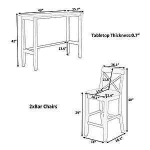 Polibi 3-Piece Bar Height Dining Set with 48”Rectangular Bar Table and 2 Padded Chairs for Dining Room Kitchen Breakfast Nook, Cherry+White