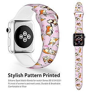 Cute Corgis Watch Bands Compatible with Apple Watch 38mm 40mm, Adjustable Kawaii Corgi Dogs Pattern Wristbands Soft Silicone Replacement Strap for iWatch Series 7 6 5 4 3 2 1 SE