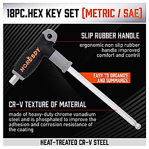 HORUSDY 18-Piece T-Handle allen wrench set, Inch/Metric Long Arm Ball End Hex Key Wrench Set, MM(1.5mm-10mm) SAE(1/16"-3/8")