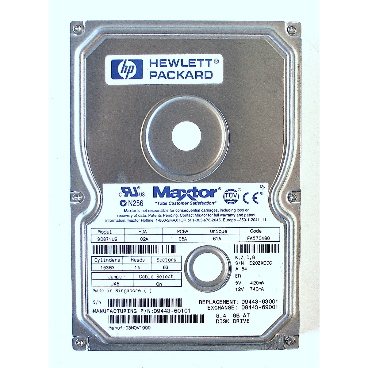 HP 8.4GB, 90871U2 02A 06A 61A FA570480 K,Z,D,B; D9443-63001, D9443-60101