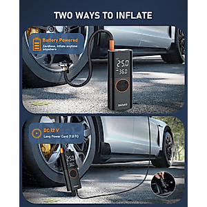 Tire Inflator Portable Air Compressor, 150PSI Fast Cordless Bike Tire Pump, Battery & 12V DC Dual Power Bike Pump with Digital Pressure Gauge, LED Light for Cars, Motorcycles, Bicycles, Balls and More