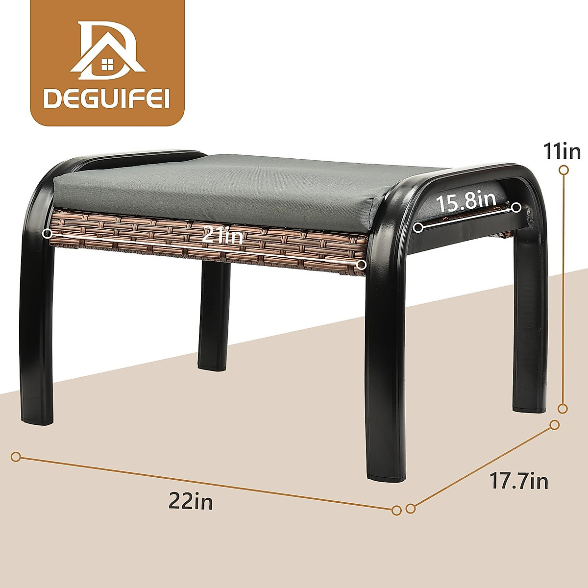 Deguifei Patio Footstool Ottoman Outdoor Foot Rest with Aluminum Frame Rattan Furniture Foot Stools Seat with Soft Cushion for Garden Yark 1 Set Brown