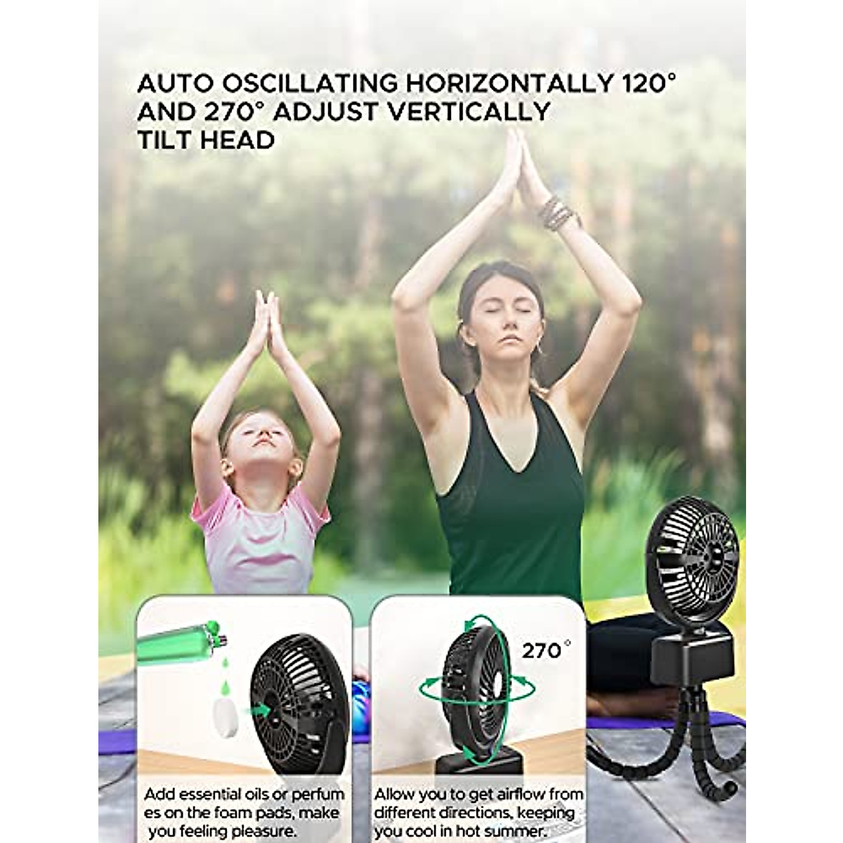 Oscillating Stroller Fan with LED Lantern, 5000mAh Battery Operated Rechargeable Camping Fan with Flexible Tripod Clip On Stroller, 3 Wind Speeds & LED Light