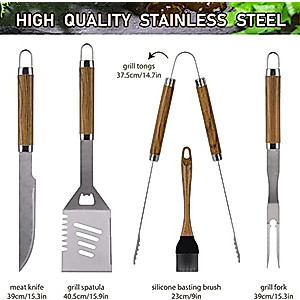 SixSun 30PCS BBQ Grill Tools Set Wooden Handle Stainless Steel Grilling Accessories with Spatula, Tongs, Skewers for Barbecue, Camping, Kitchen, Complete Premium Grill Utensils Set - Brown