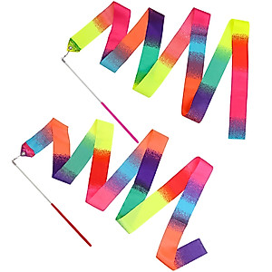 Abeillo 2pcs Rhythmic Dance Ribbons, 78.7 Inch Gymnastics Ribbon Dancer Wand Dancing Ribbon Streamers for Kids, Fits Artistic Dancing Gymnastics, Circus Carnival Shows, Baton Stick Twirling (Rainbow)