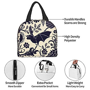 Gocerktr Halloween Bat Flower Lunch Bag for Women Men Reusable Lunch Box Waterproof Thermal Tote Bag Cute Container Work/Travel/Picnic