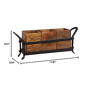 Wooden Cutlery holder Wrought Iron Spoons Stand For Dining Table, multipurpose Holder with 3 Wooden Jar(Black & Brown), 25.4x7.6x10.2 Centimeters