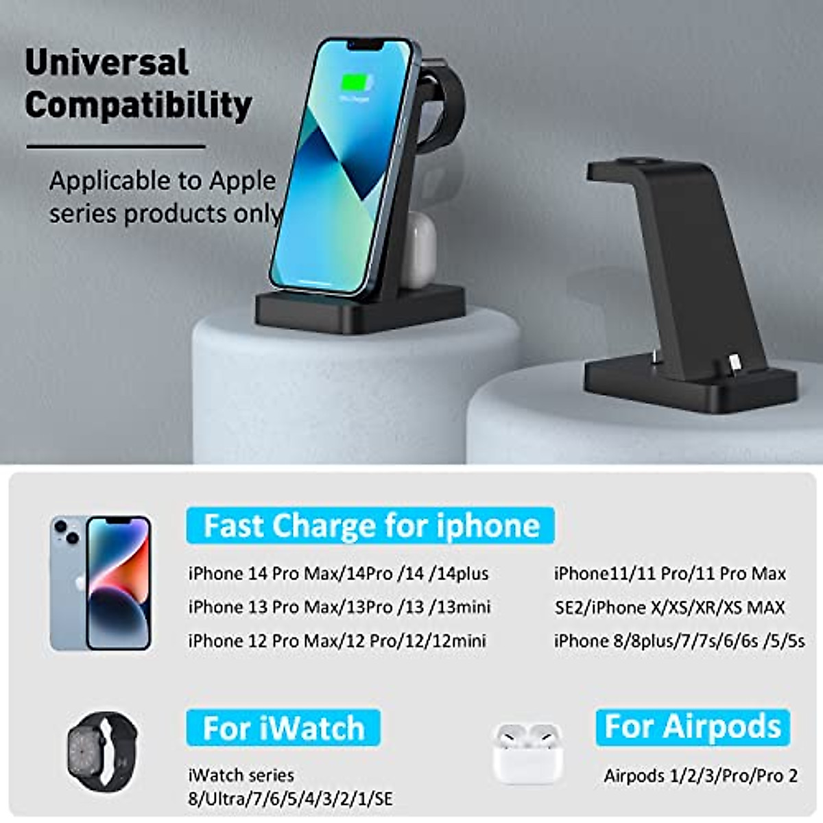 Charger Station for iPhone Multiple Devices - 3 in 1 Fast Wireless Charging Dock Stand for Apple Watch Series 7 6 SE 5 4 3 2 & Airpods iPhone 14 13 12 11 Pro X Max XS XR 8 7 Plus 6s 6 with Adapter