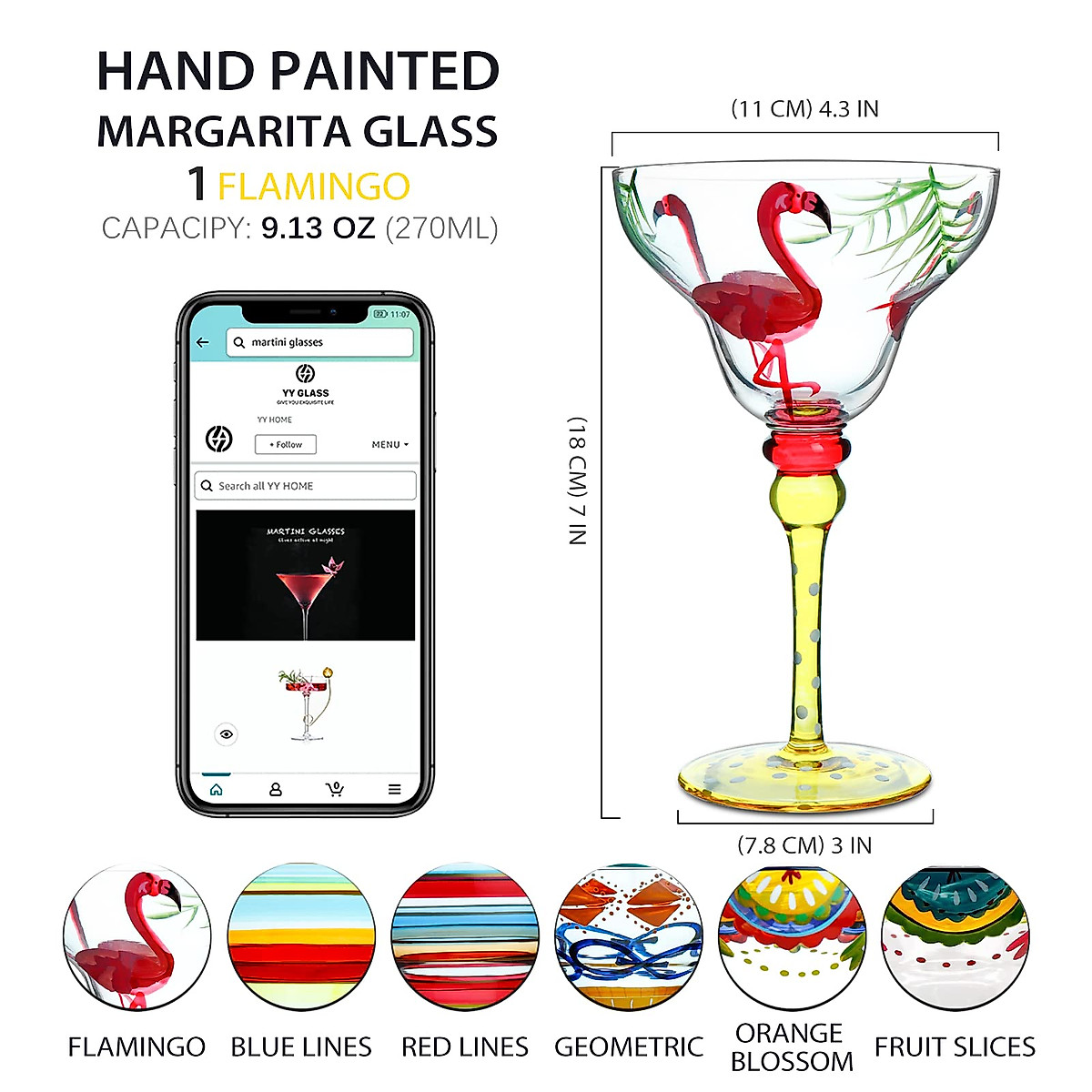 YY Hand Painted Margarita Glass - Moroccan Collection - Hand Painted Glassware by Artists - Unique and Decorative Margarita Glasses, Kitchen Table Décor (Flamingo)