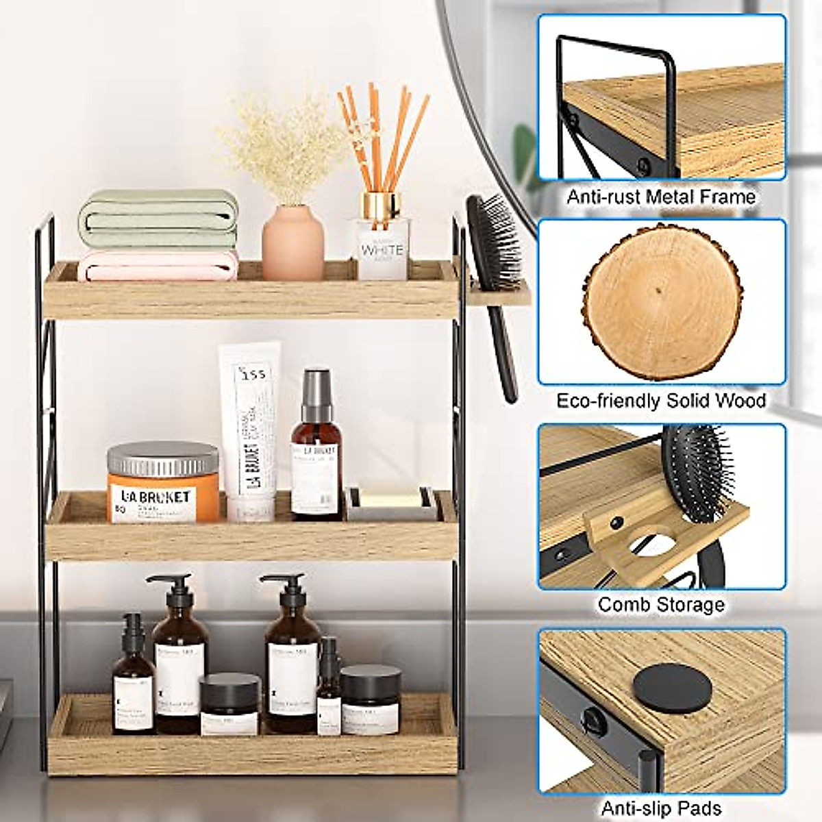 Nidouillet 3 Tier Bathroom Counter Organizer, Wood Countertop Organizer Standing Shelf Skincare Vanity Organizer Cosmetic Holder with Sink Tray Comb Storage for Kitchen Coffee Station Bedroom Brown