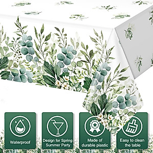 3 Pack Spring Sage Green Baby Shower Plastic Tablecloth, Eucalyptus Leaf Disposable Table Cover, Summer Rectangle Table Cloth for Bridal Baby Shower Birthday Wedding Party Decorations, 54x108 Inch