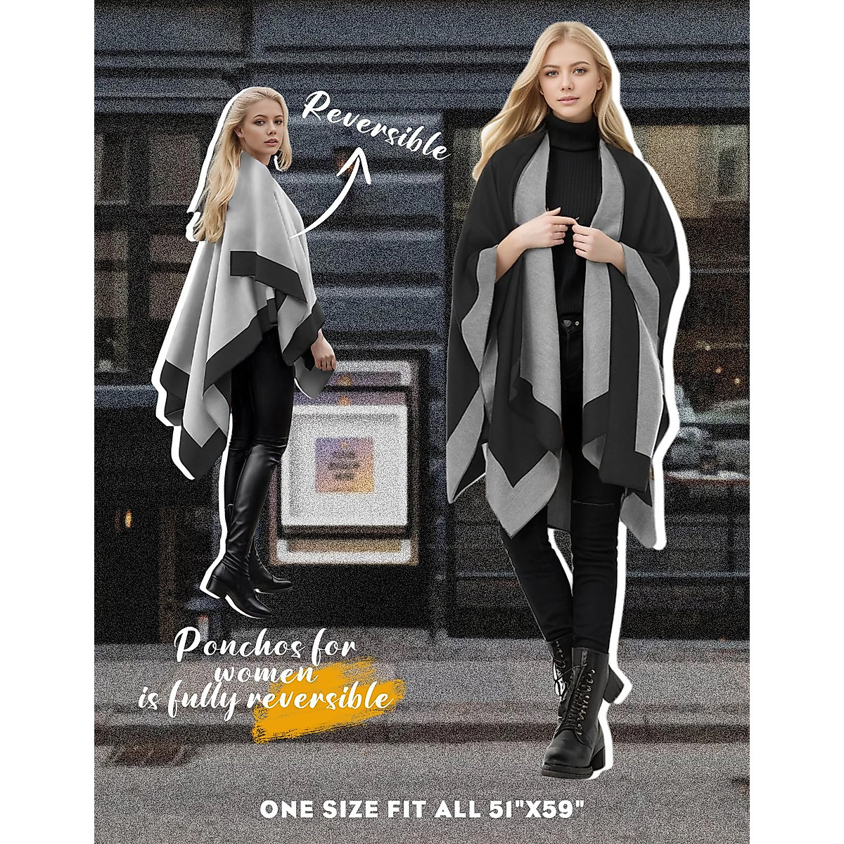 OWIF Women's Shawl Wraps Open Front Poncho Cape Oversized Sweaters Casual Cardigan Shawls for Fall Winter, Border Design-01-Black Gray