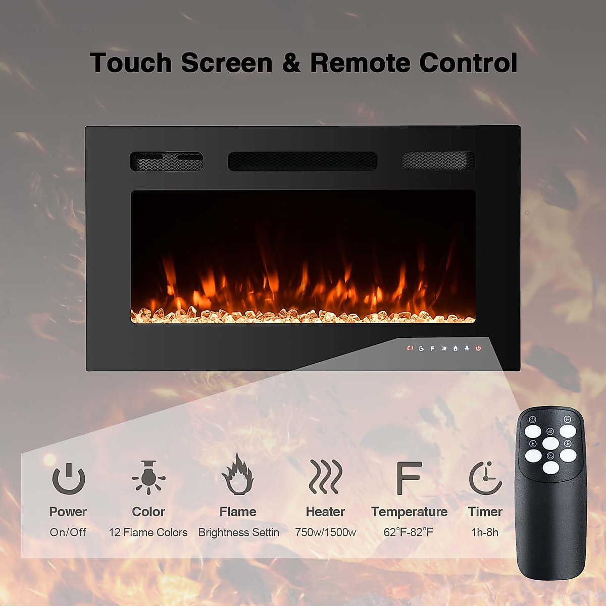 36 Inch Electric Fireplace Inserts, Quiet Wall Mounted Fireplace, Led Fireplace for Living Room, Recessed Electric Fireplace, Linear Fireplace, Logs & Crystal, 750/1500W