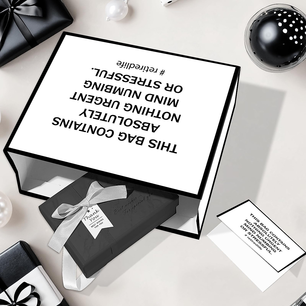 Black White Retirement Gift Bags Retirement Theme Paper Wrapping Bag with Tissue and Funny Retirement Card Black White Happy Retirement Party Decorations Gifts for Men Women Farewell Going Away Party Supplies