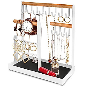 Jewelry Organizer Stand Holder, Metal and Wood 3 Tier White Jewelry Display Earring Organizer Ring Tray and Hooks Stand Storage Necklaces Bracelets Rings Watches Jewelry Towers for Women Girls Gift