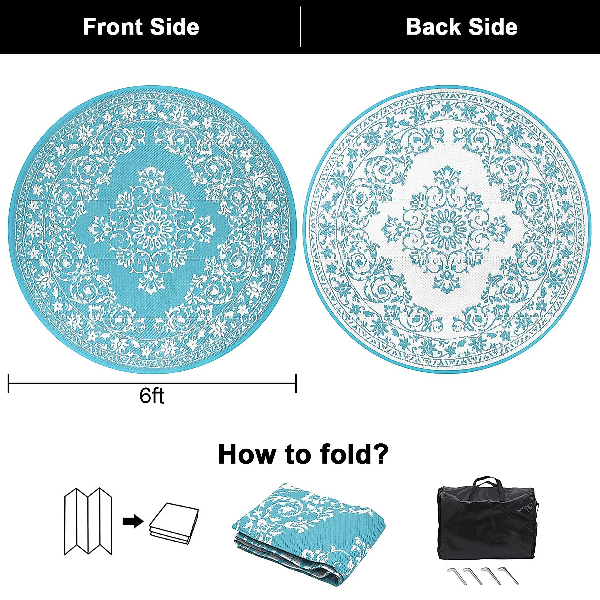 HEBE Round Outdoor Area Rug for Patios Clearance 6Ft Waterproof Mat Reversible Plastic Camping Door Mat, Circle Outside Carpet for RV, Camper,Porch,Deck,Balcony,Backyard