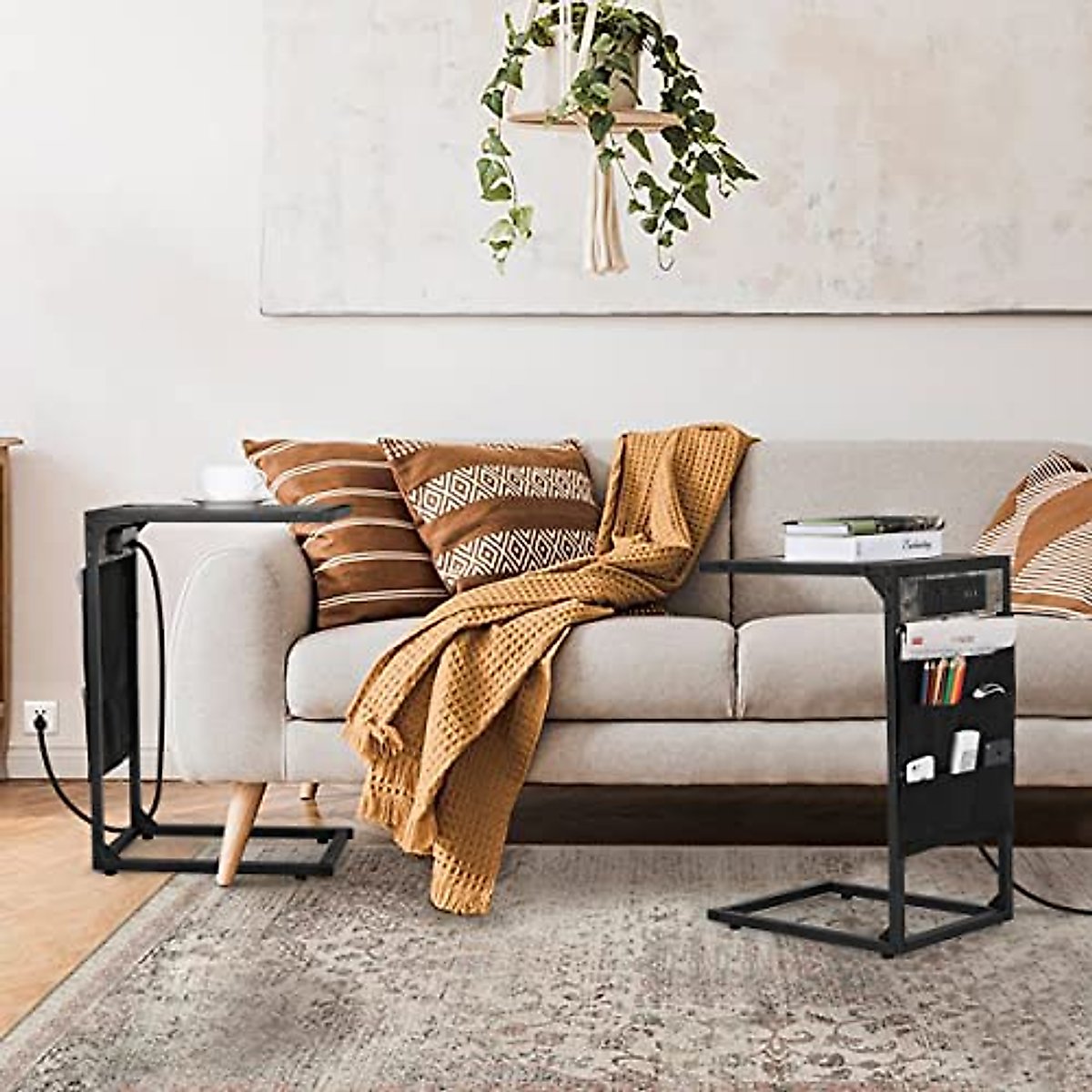 Set of 2 C Shaped End Table with Charging Station, Snack Side Table, C Tables for Couch, Couch Tables That Slide Under, for Living Room, Bedroom, Gray