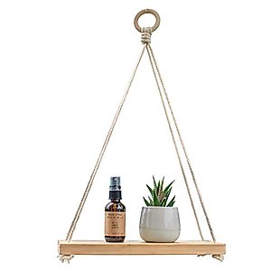 Kuratere Bamboo Hanging Wall Shelf - Indoor BoHo Plant Shelf - Macrame Rope 12 Inch Eco Friendly Wooden Floating Shelves for Organized Bedrooms, Living Rooms, Closets or Bathrooms