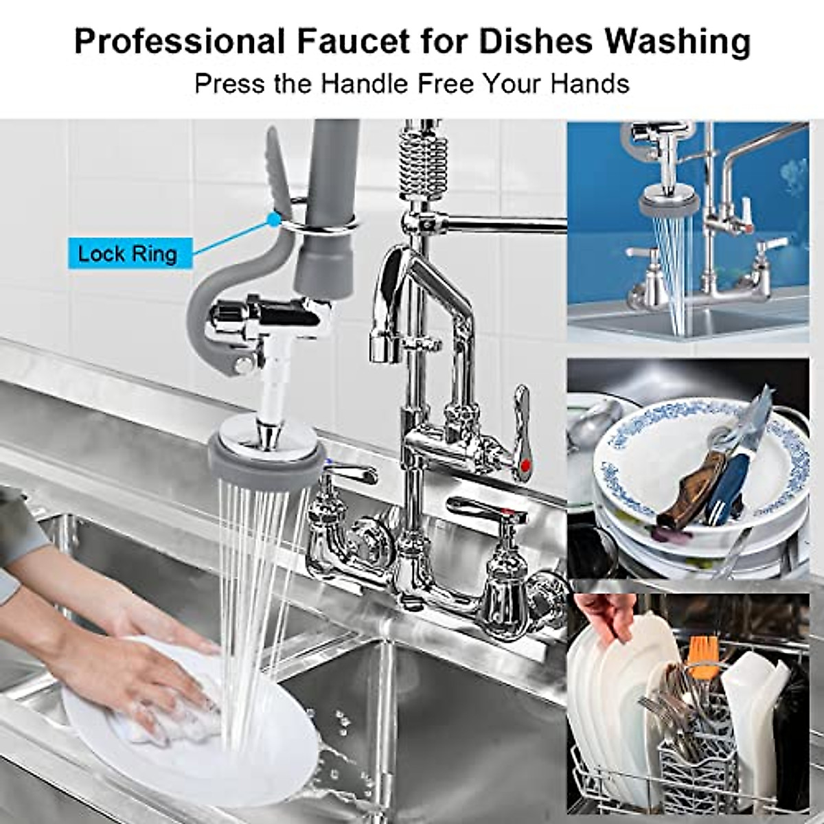 KANONEY Commercial Sink Sprayer with 45" Flexible Stainless Steel Hose, Pre-Rinse Dish Spray Valve Replacement Kit Assembly Sprayer Nozzle Head for Industrial Restaurant Kitchen Faucets, Gray