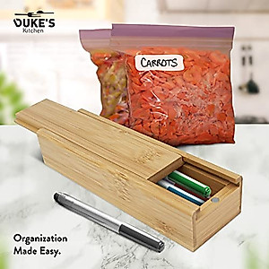 Duke's Bamboo Ziplock Bag Organizer - Food Plastic Ziploc Bag Organizer for Drawer or Wall - Compartments for Snack, Sandwich, Quart, Gallon Bags - Secure Shutter Locks - Includes Wooden Pen Box