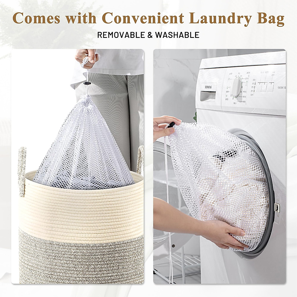 Jolitac 58L Large Woven Laundry Hamper, Laundry Basket with laundry Bag Blanket Basket Tall Wicker Laundry Baskets for Clothes Pillows Towels Shoes in Living room Bedroom, 15" x 20"