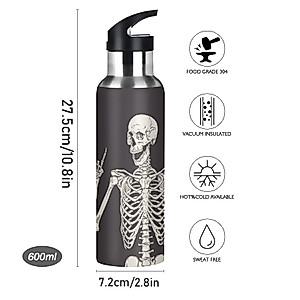 Funny Skull Water Bottle with Straw Lid, Funny Skeleton 20 Oz Stainless Steel Insulated Keeps Hot and Cold Bottle, Leakproof Sports Gym Cycling Outdoor Water Flask Thermos Bottle