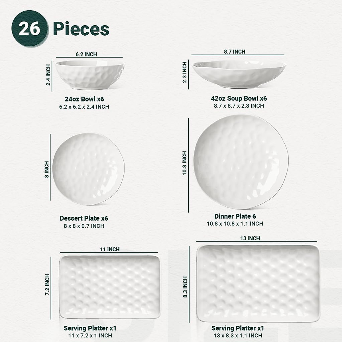 HOMBENE Plates and Bowls Sets, 26 Piece w/Rectangula Dinnerware Sets, Porcelain Dinner Set with Plates, Bowls and Serving Platters, Modern Dish Set for 6